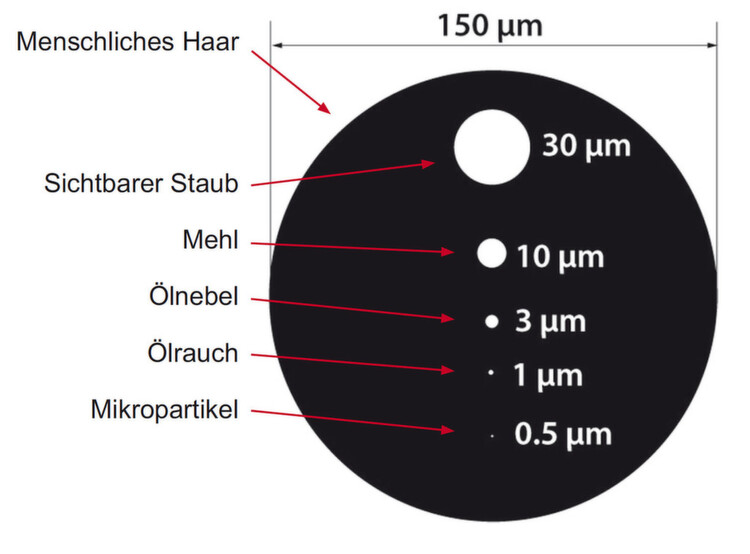 Partikelgrössen im Vergleich zu einem menschlichen Haar. Partikel ab 3 ...